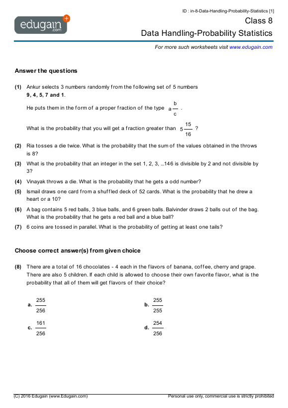 Year 8 Data Handling Probability Statistics Math Practice Year 8 Data Handling Probability Statistics Math Practice